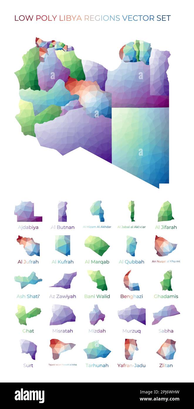Libyan low poly regions. Polygonal map of Libya with regions. Geometric maps for your design ...