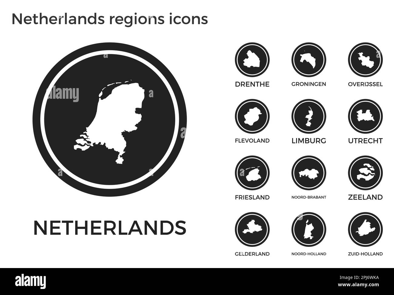 Netherlands regions icons. Black round logos with country regions maps ...