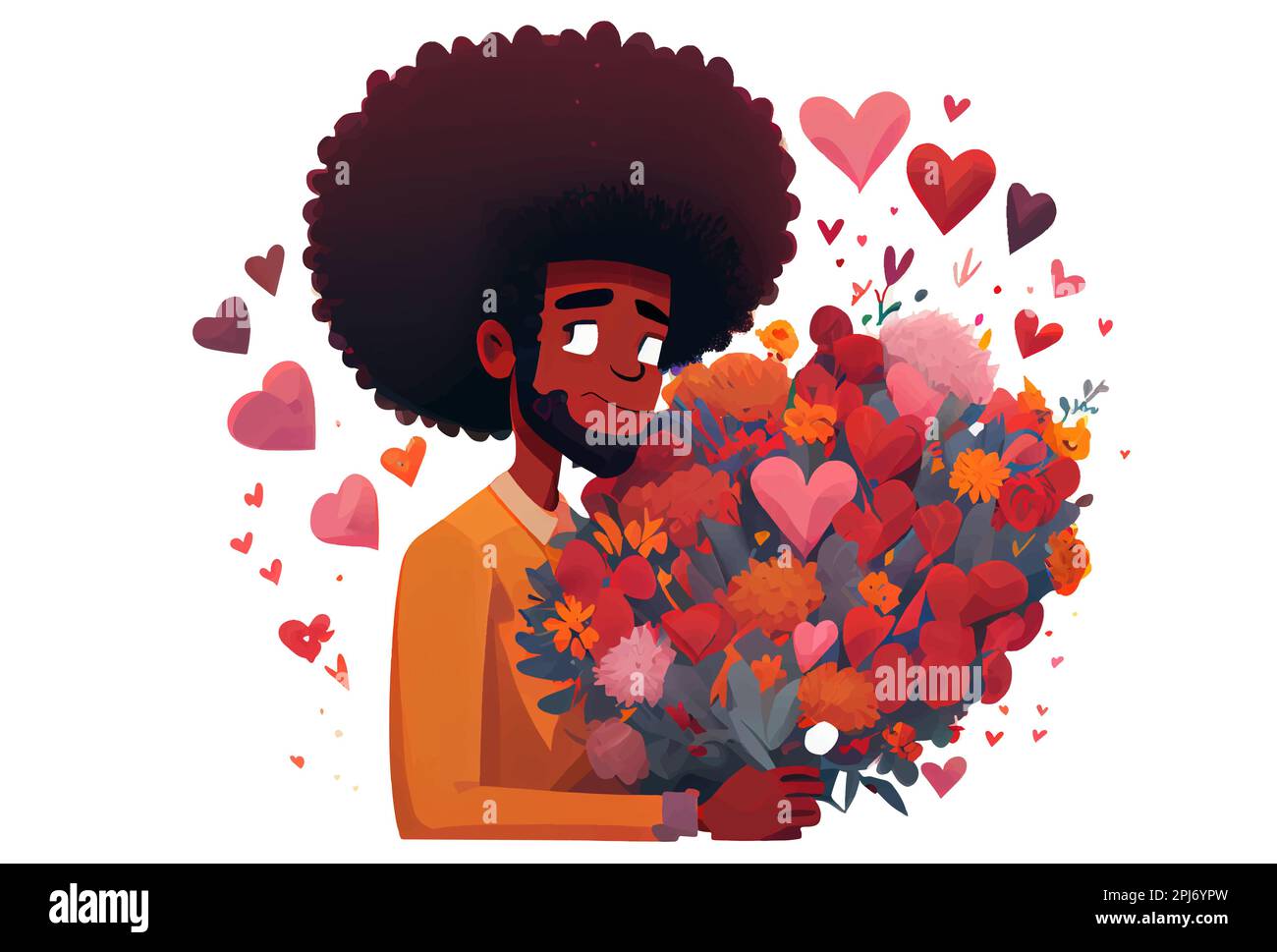 sticker cartoon style man in love with bouquet isolated on white ...
