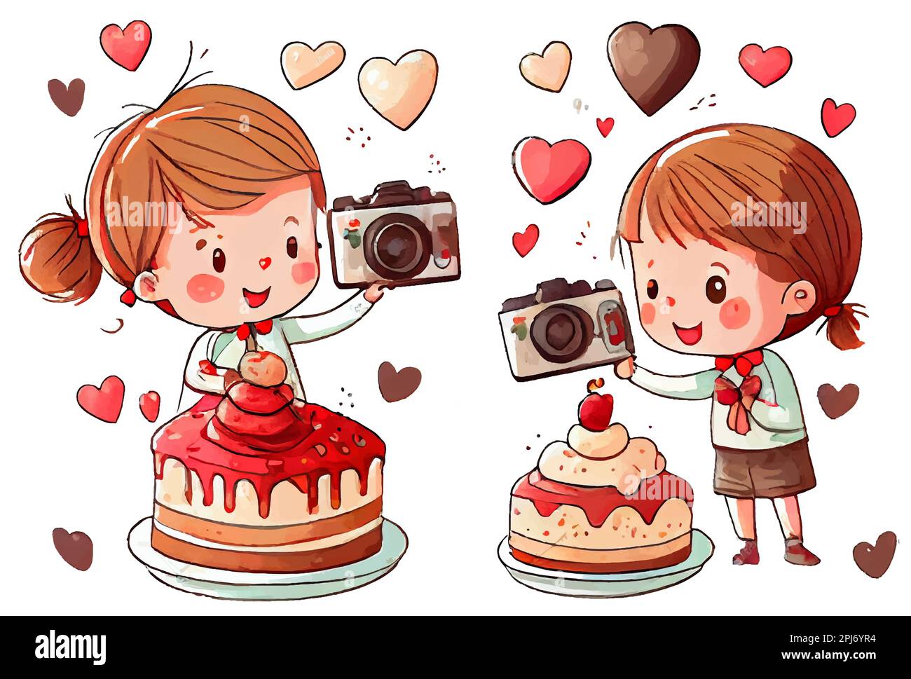 watercolor cartoon style couple in love with cake isolated on white ...