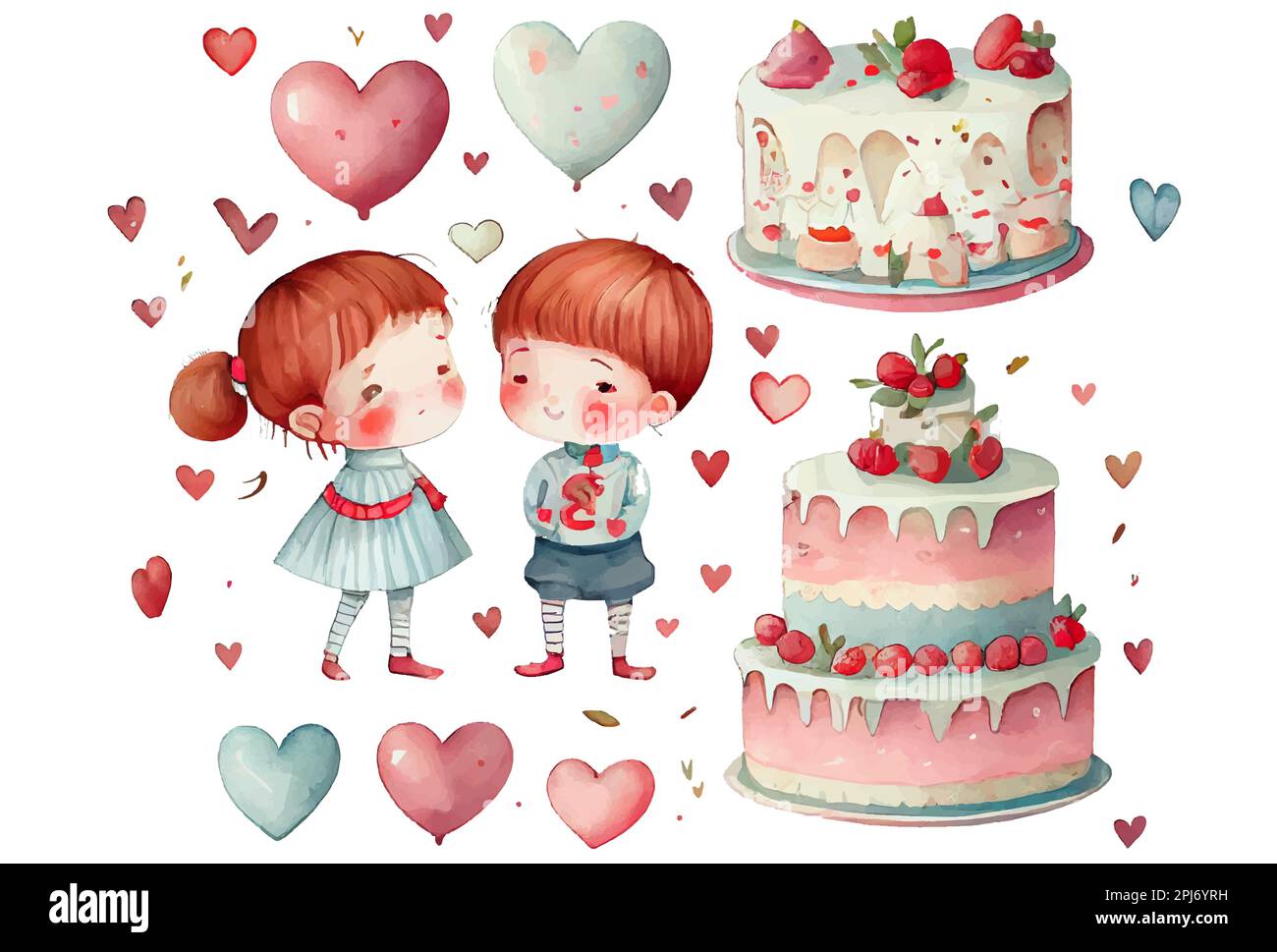 Set of watercolor cartoon style couple in love with cake isolated on ...