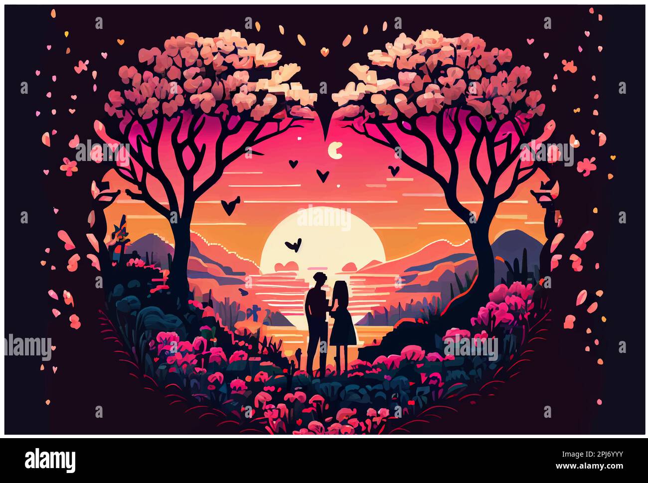 sticker cartoon style couple in love at heart frame at sunset background Stock Vector Image ...
