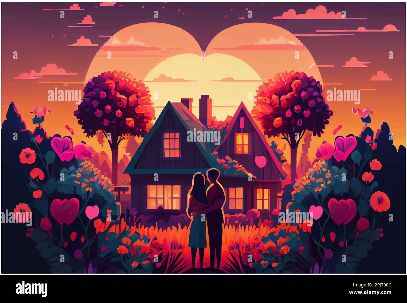 sticker cartoon style couple in love at heart frame at sunset background Stock Vector Image ...