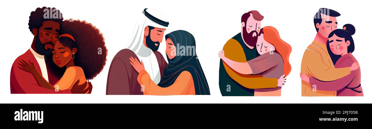 horizontal set sticker cartoon style multicultural couple in love isolated on white background ...