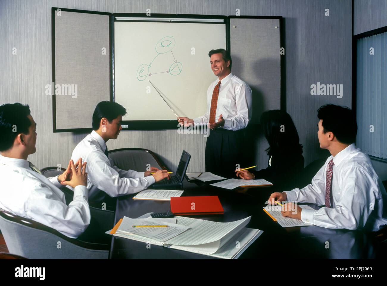1996 HISTORICAL ASIAN EUROPEAN OFFICE WORKERS IN MEETING AROUND TABLE ...