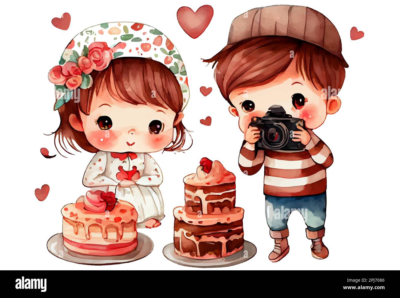 watercolor cartoon style couple in love with cake isolated on white ...