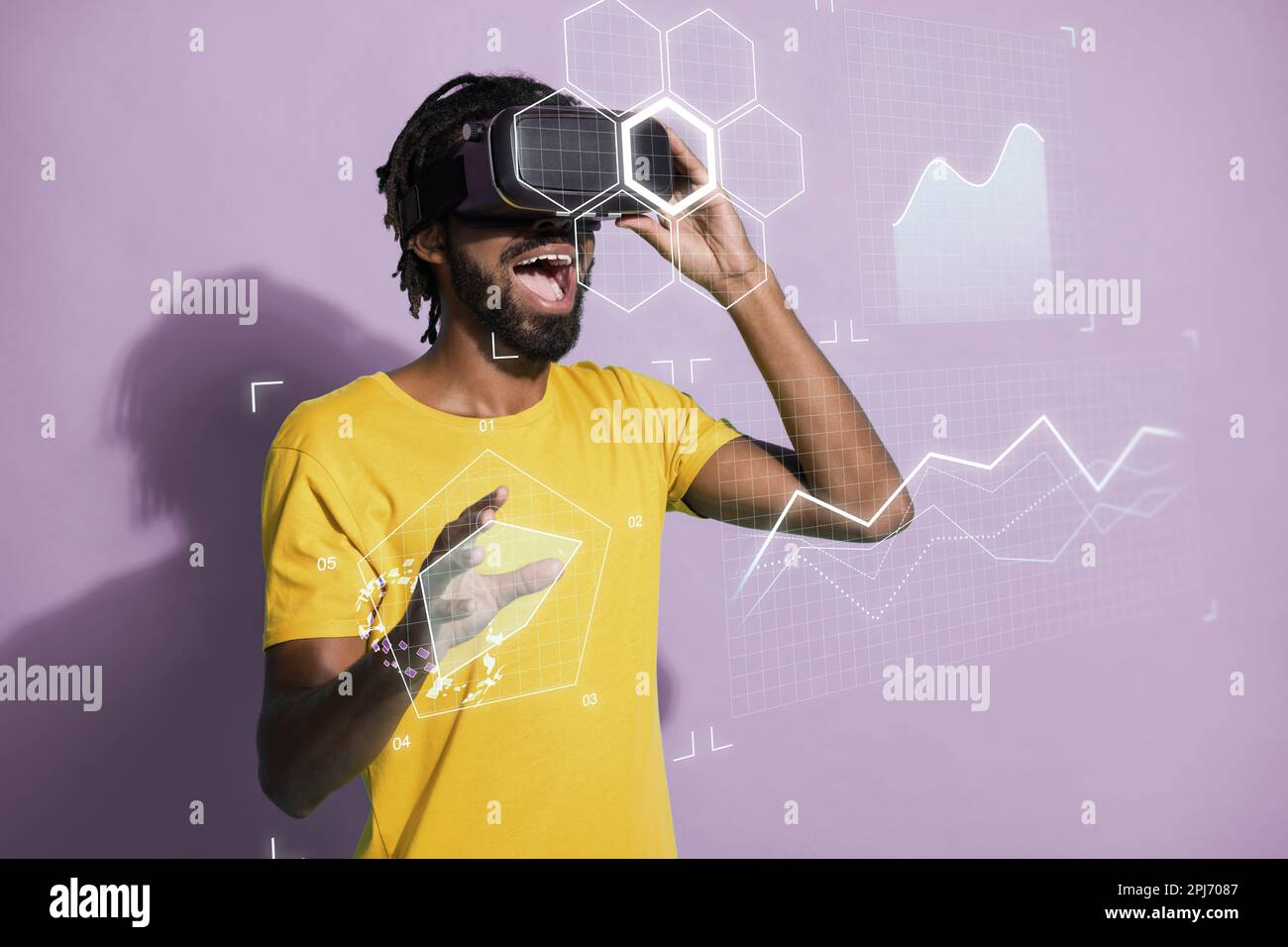 Creative collage photo of young man funny interactive user wearable vr ...