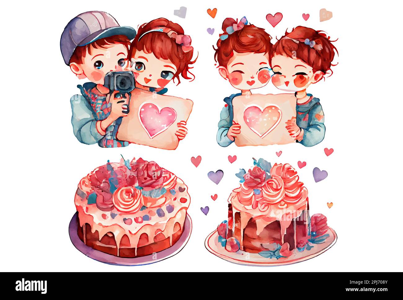 Set of watercolor cartoon style couple in love with cake isolated on ...