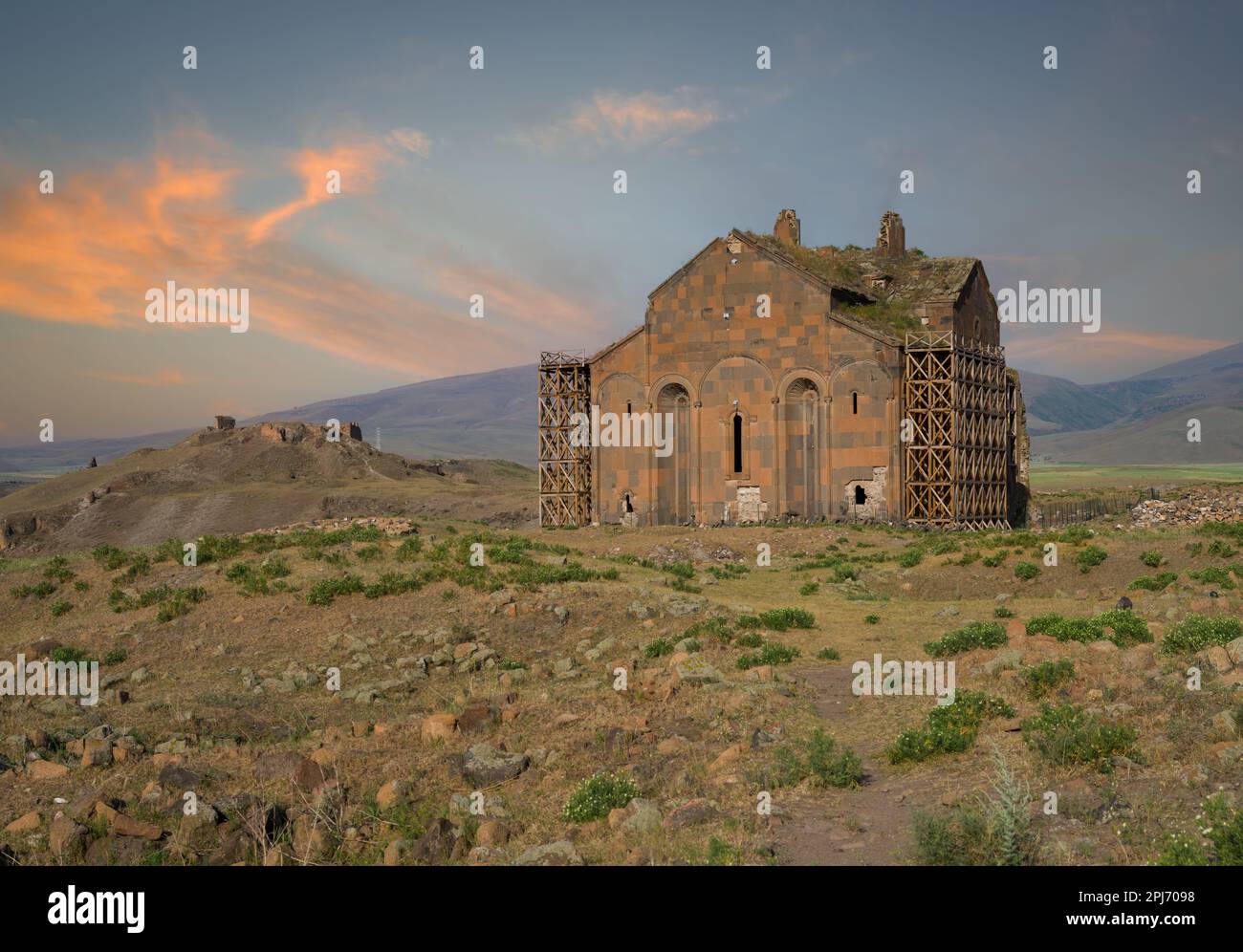 Armenian Cathedral in Ani city. Exterior view of Cathedral of Ani at ...