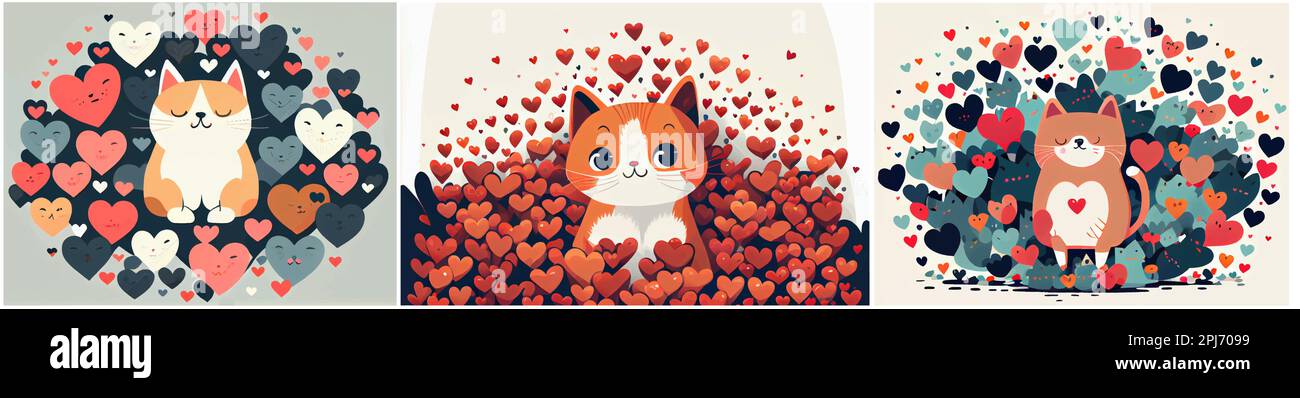 horizontal set of cartoon cat with hearts isolated on white background ...