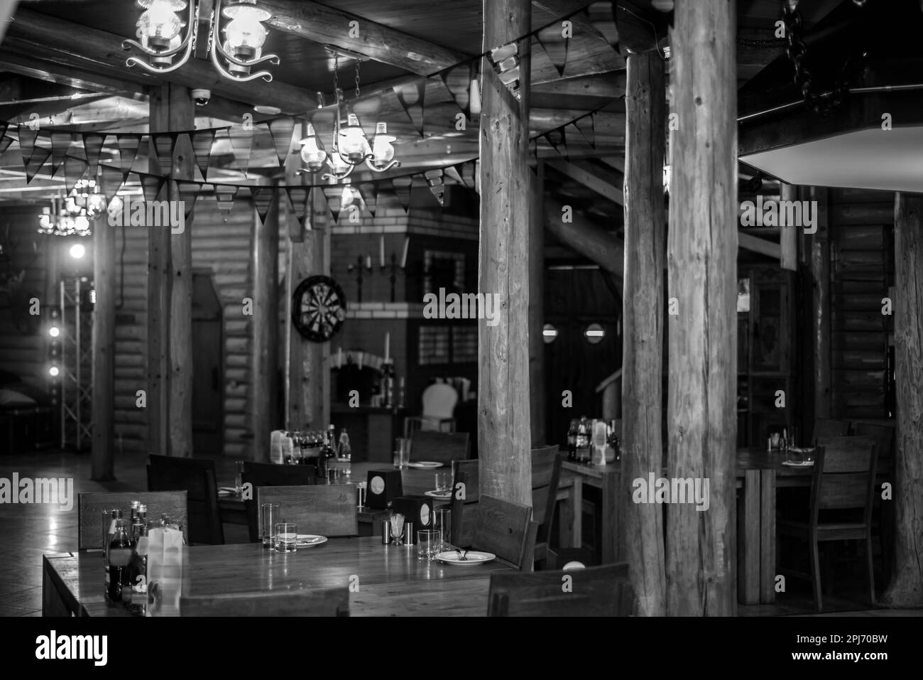 Cafe interior in wooden style. Cafe made of wooden logs Stock Photo - Alamy