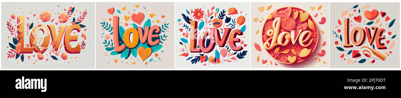 horizontal set cartoon style love inscription isolated on white ...
