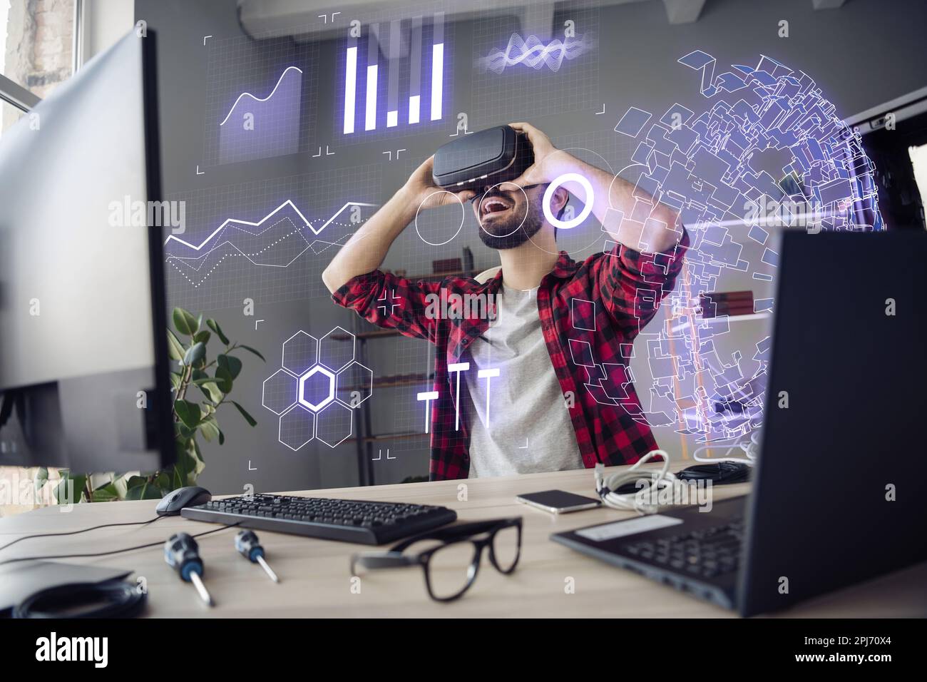 Creative photo banner collage of young engineer man simulation finance ...