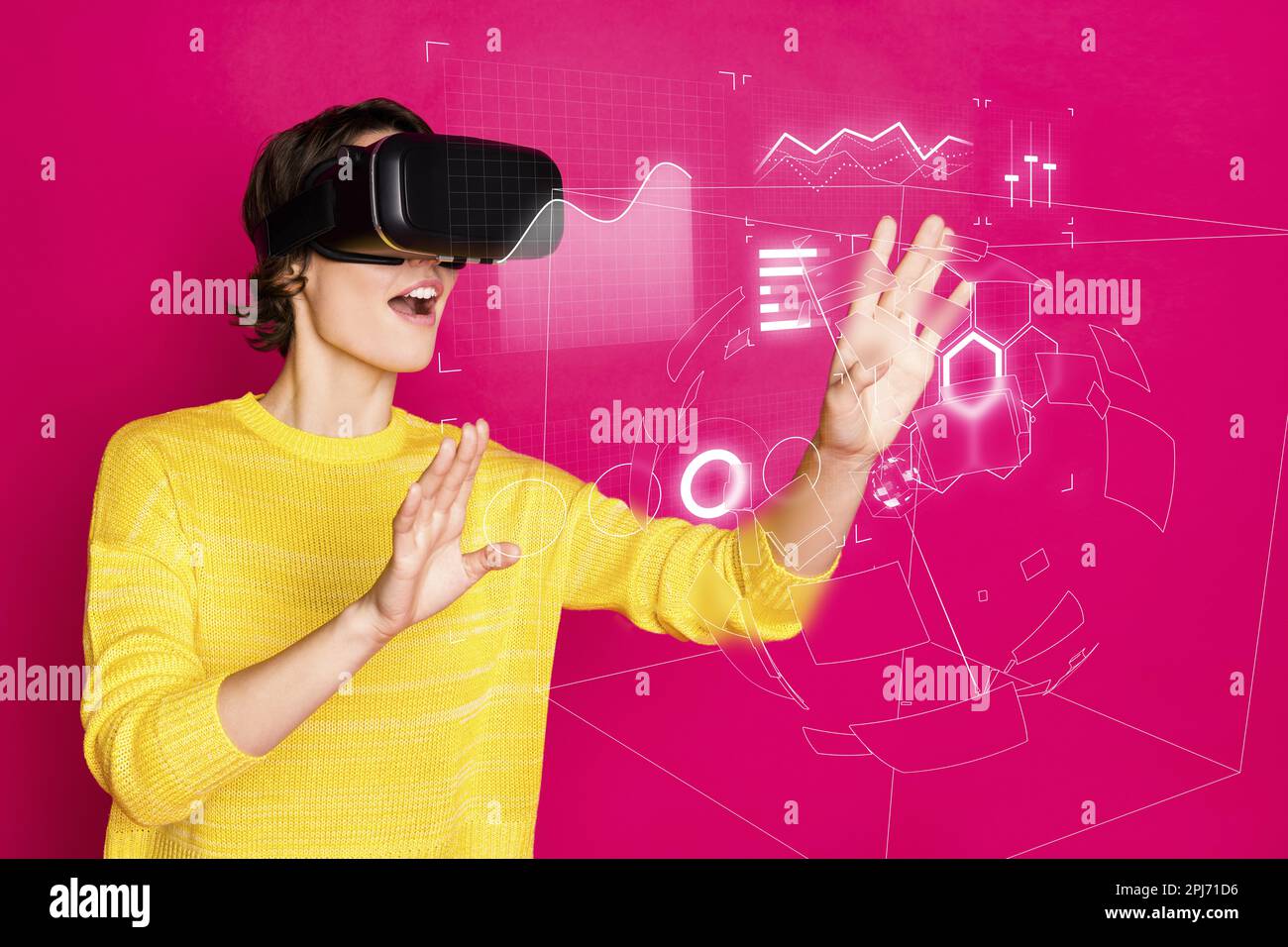 Photo of young woman wear wireless headset virtual reality unexpected ...