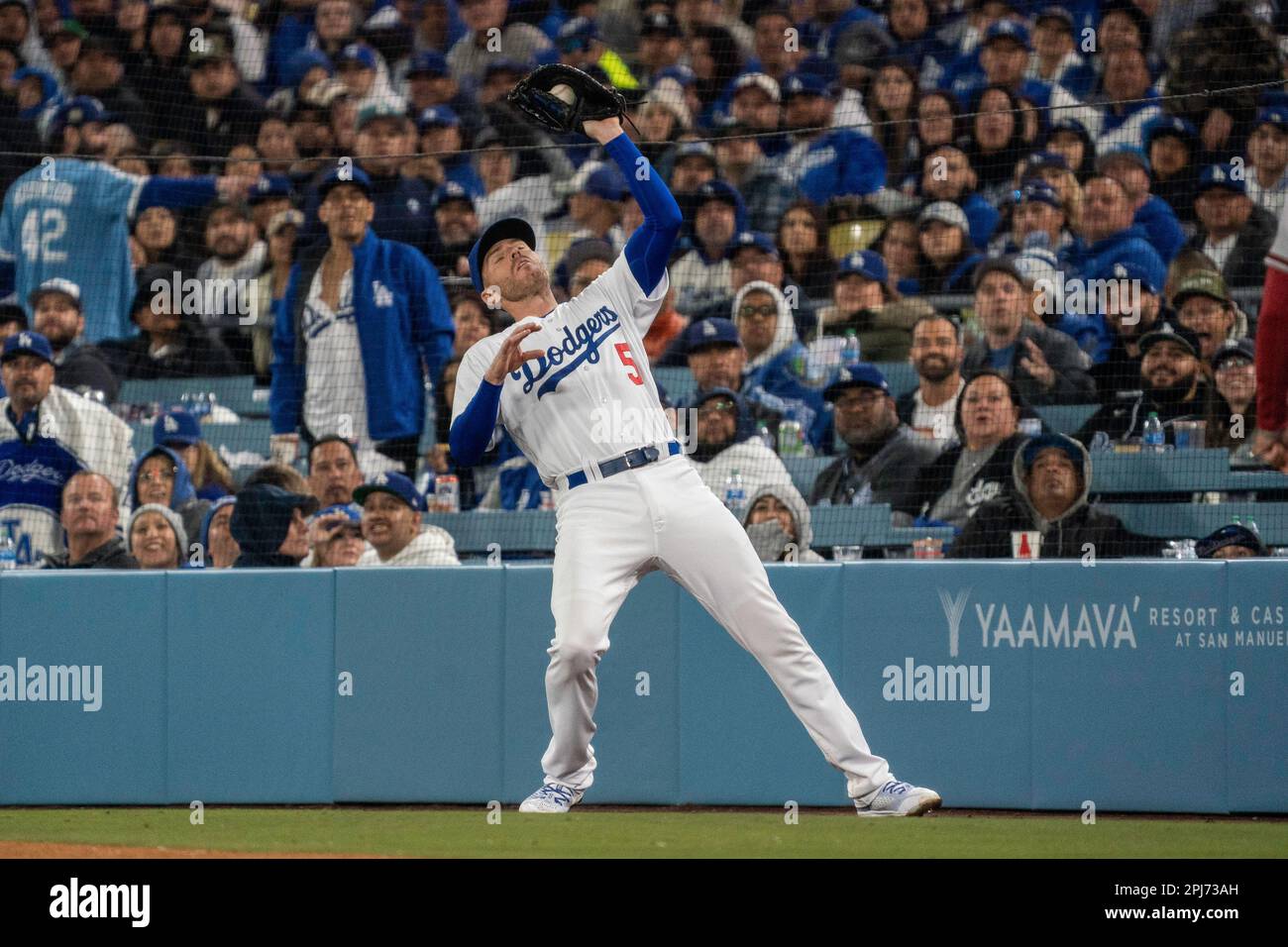 Los Angeles Dodgers first baseman Freddie Freeman (5) catches a foul ...