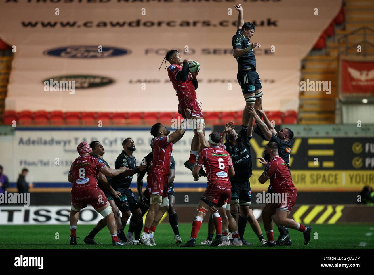 Llanelli, UK. 31 March, 2023. Sam Lousi of Scarlets wins a lineout ...