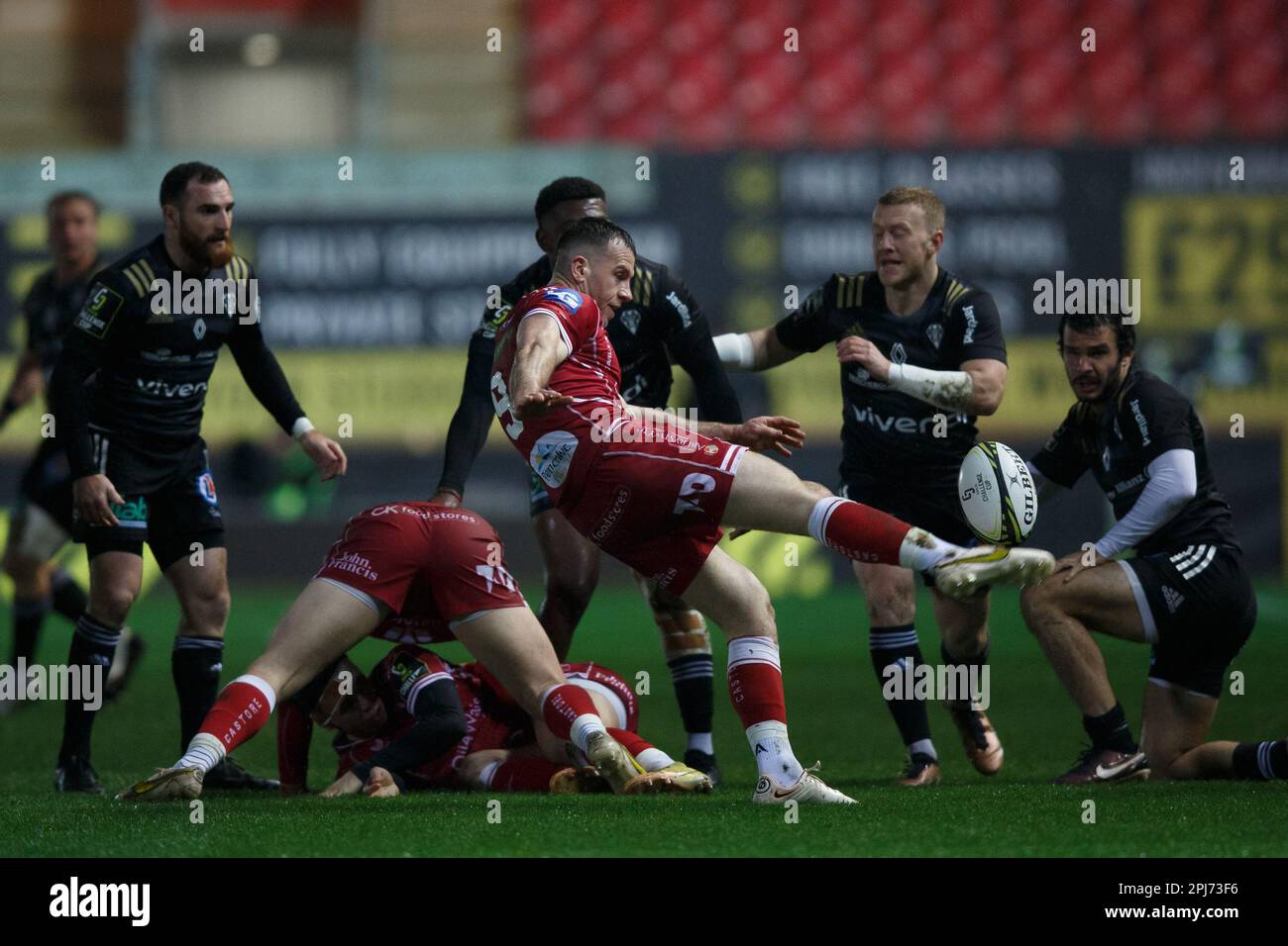 Llanelli, UK. 31 March, 2023. Gareth Davies of Scarlets kicks the ball ...
