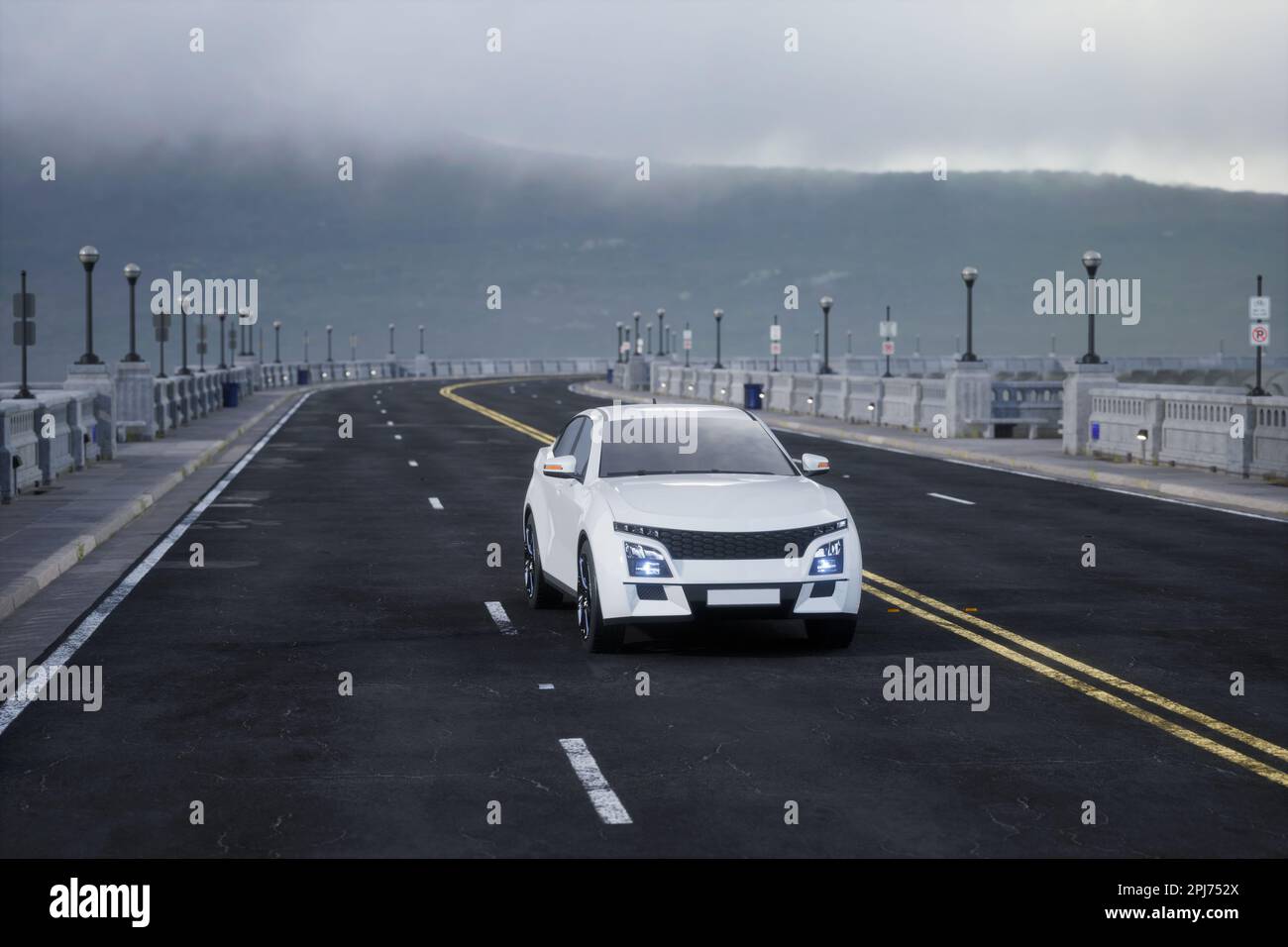 Generic and brandless SUV car on the road with mountain, 3d render ...