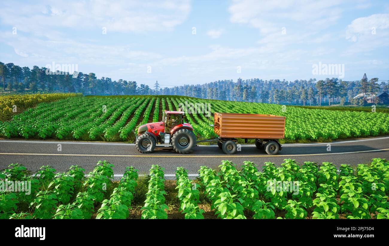 Tractor working in agricultural plots. 3d render Stock Photo - Alamy
