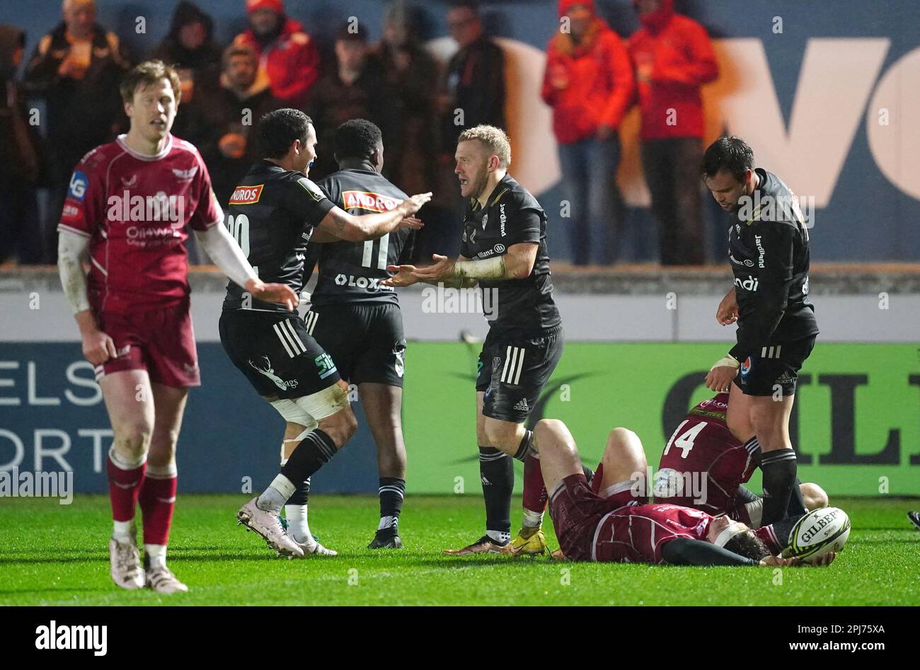 CA Brive's Stuart Olding celebrates scoring his sides first try during ...