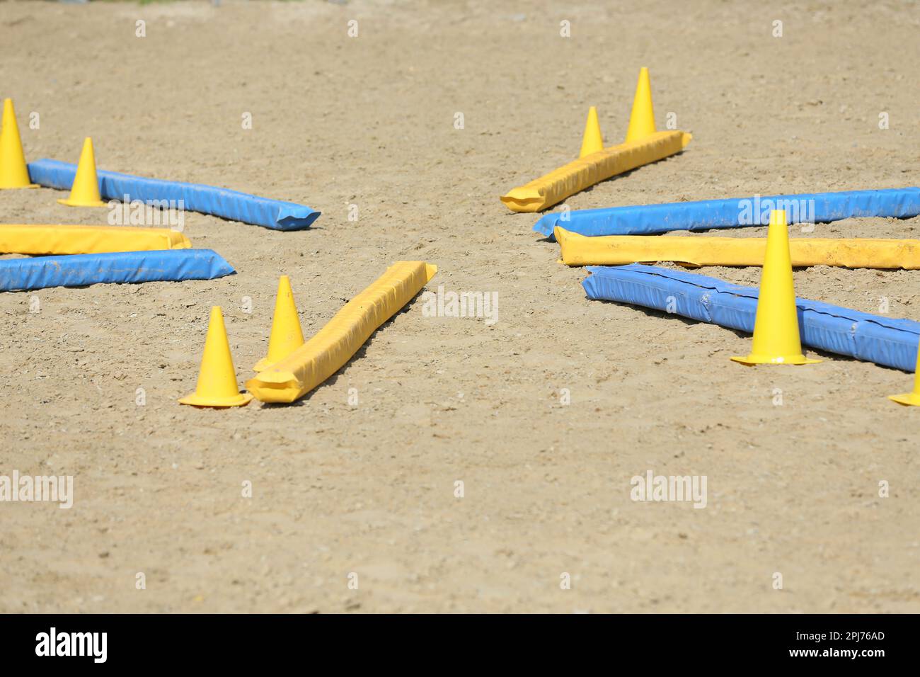 Show jumping poles obstacles, barriers, waiting for riders on show ...