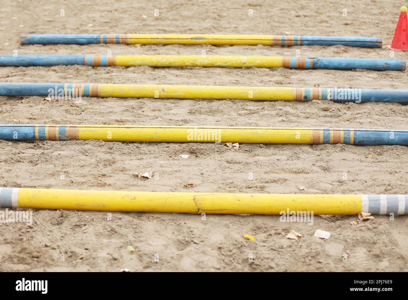 Show jumping poles obstacles, barriers, waiting for riders on show ...