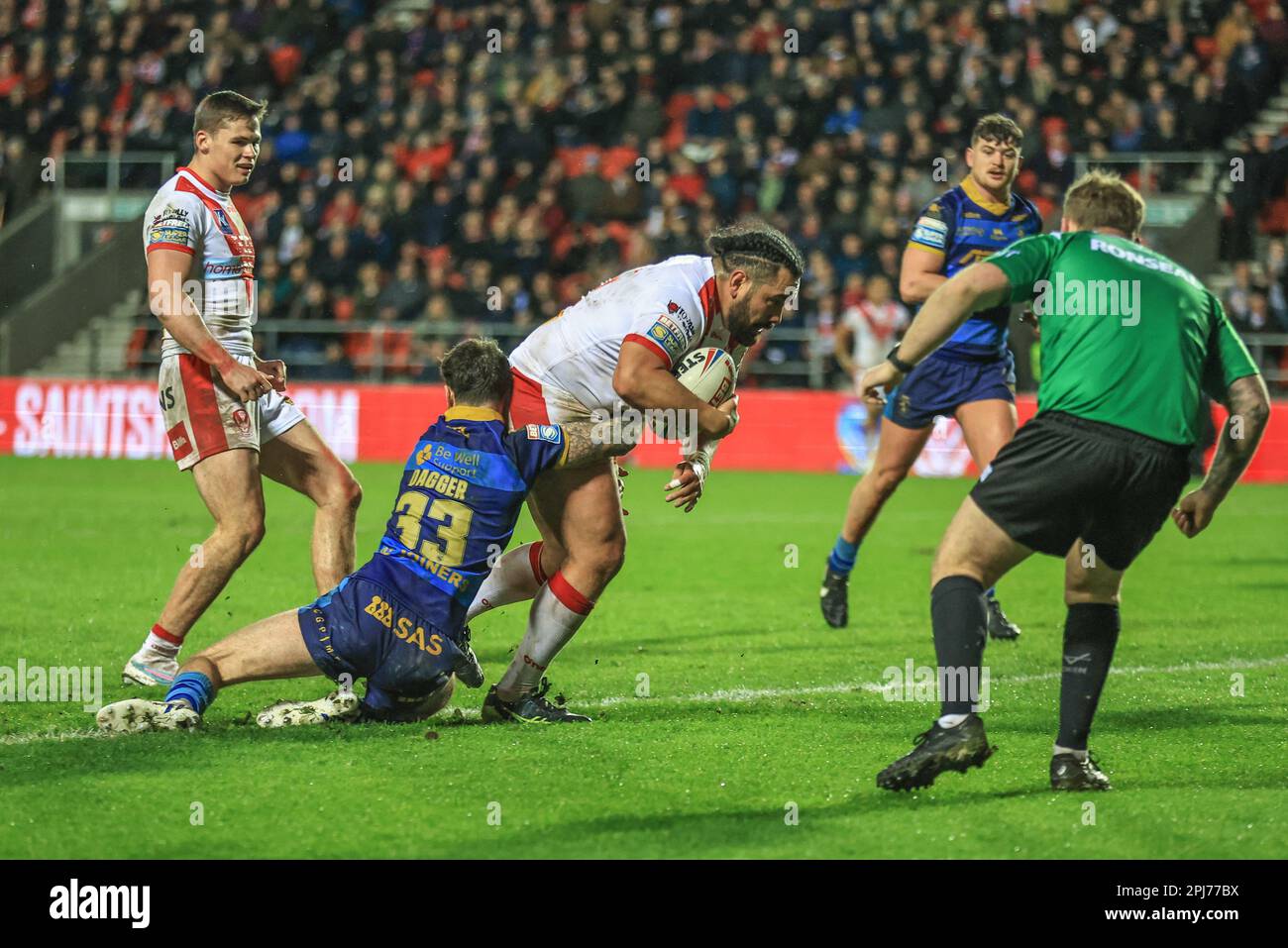 Konrad Hurrell #23 of St Helens goes over for a try during the Betfred ...