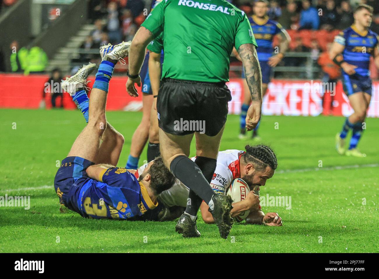 Konrad Hurrell #23 of St Helens goes over for a try during the Betfred ...