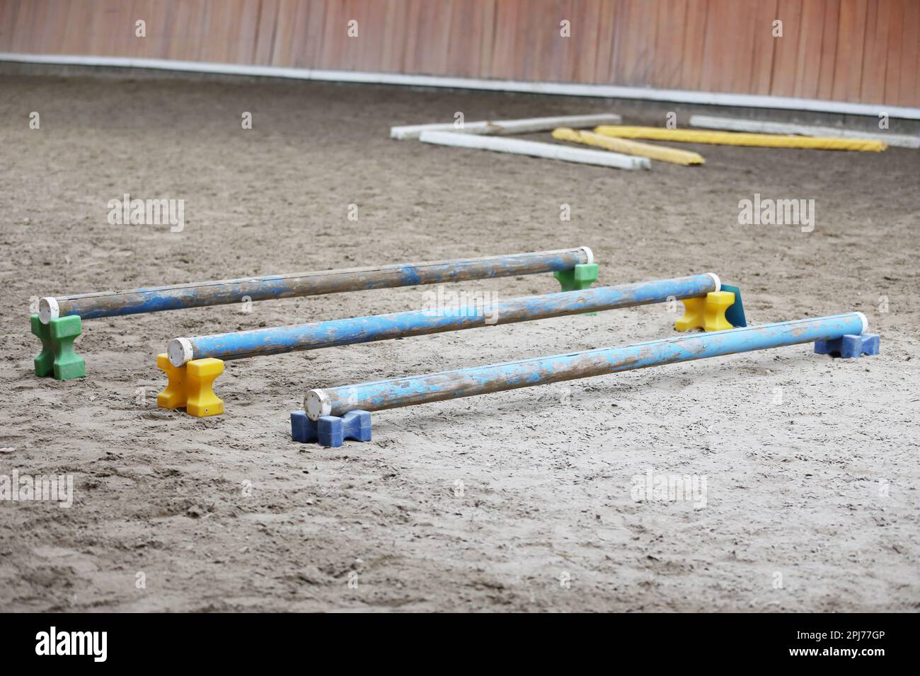 Show jumping poles obstacles, barriers, waiting for riders on show ...