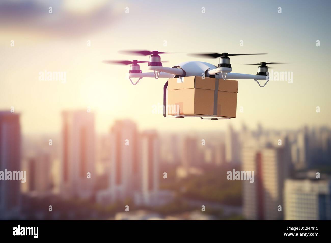 delivery drone with big white box flying, blurred city background Stock ...