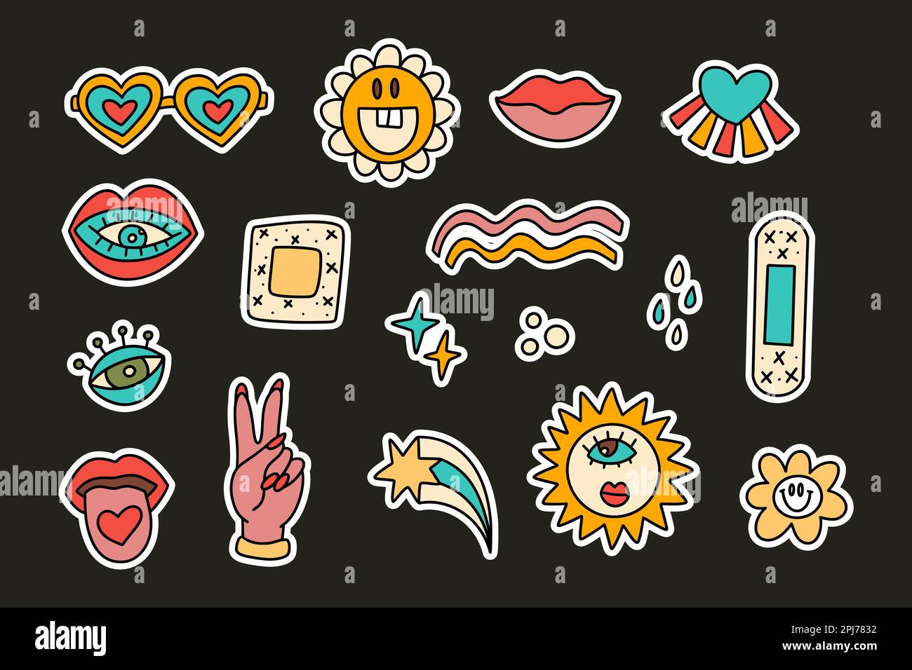 Groovy doodle cartoon funky sticker set. Vector funky hippy flower ...