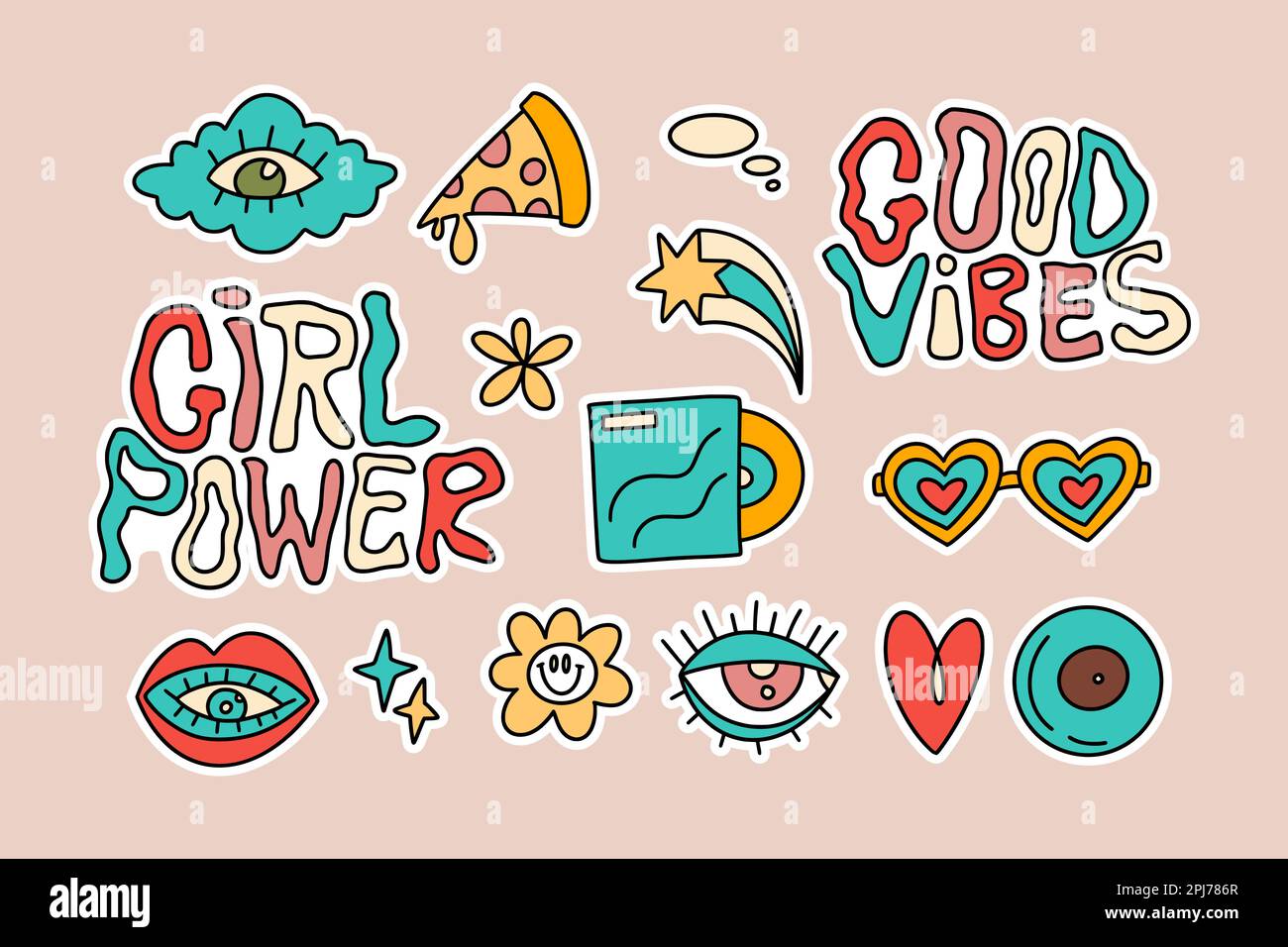 Groovy doodle cartoon funky sticker set. Vector funky hippy flower ...