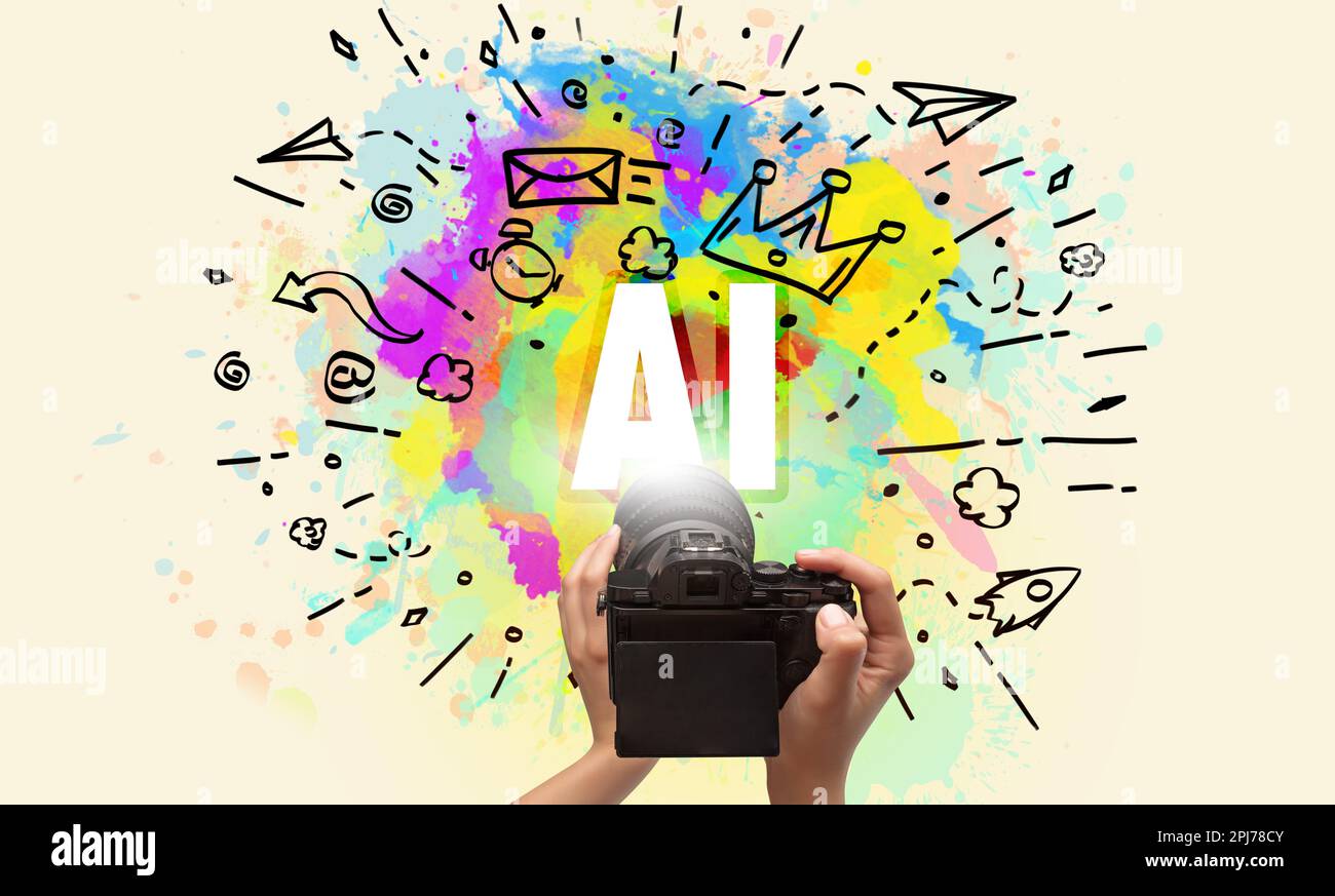 Close-up of a hand holding digital camera with abstract drawing Stock ...