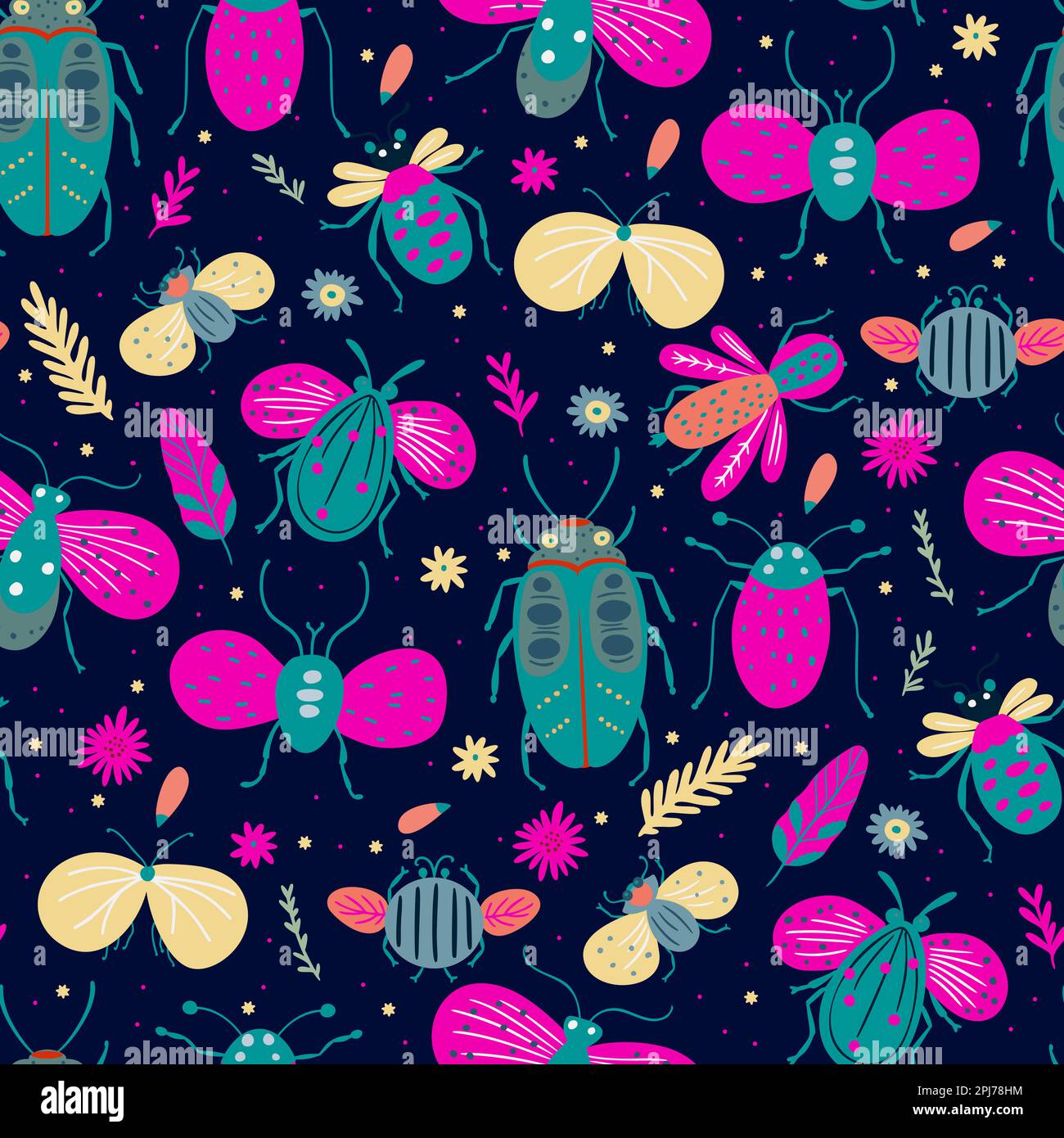 Colorful bug beetle moth and butterfly vector seamless pattern. Floral ...