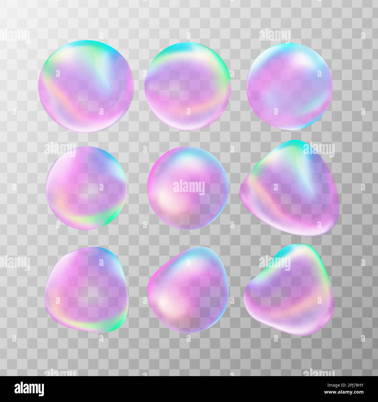 3d colorful pink bubble set. Realistic abstract render. Glossy soap ...