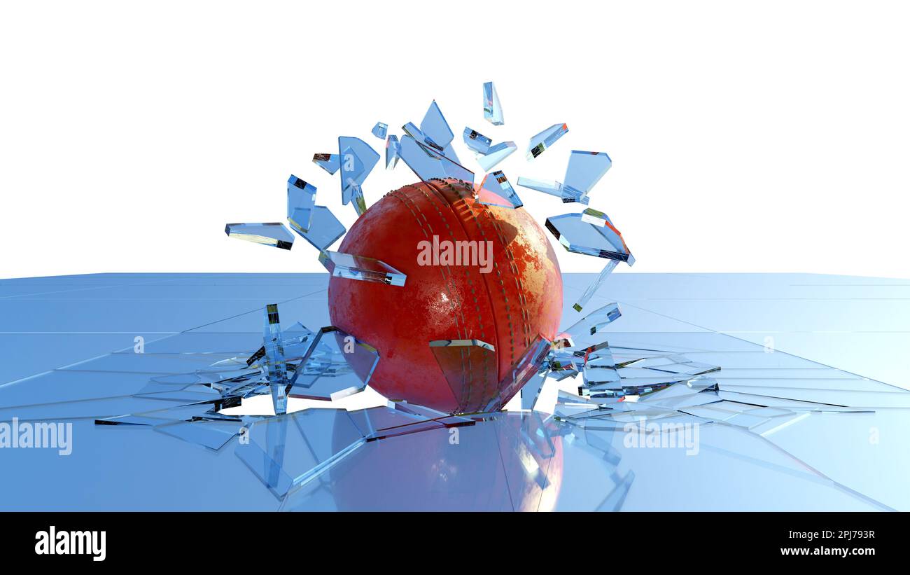Cricket Ball Breaking Glass, shattered glasses flying on air Stock ...