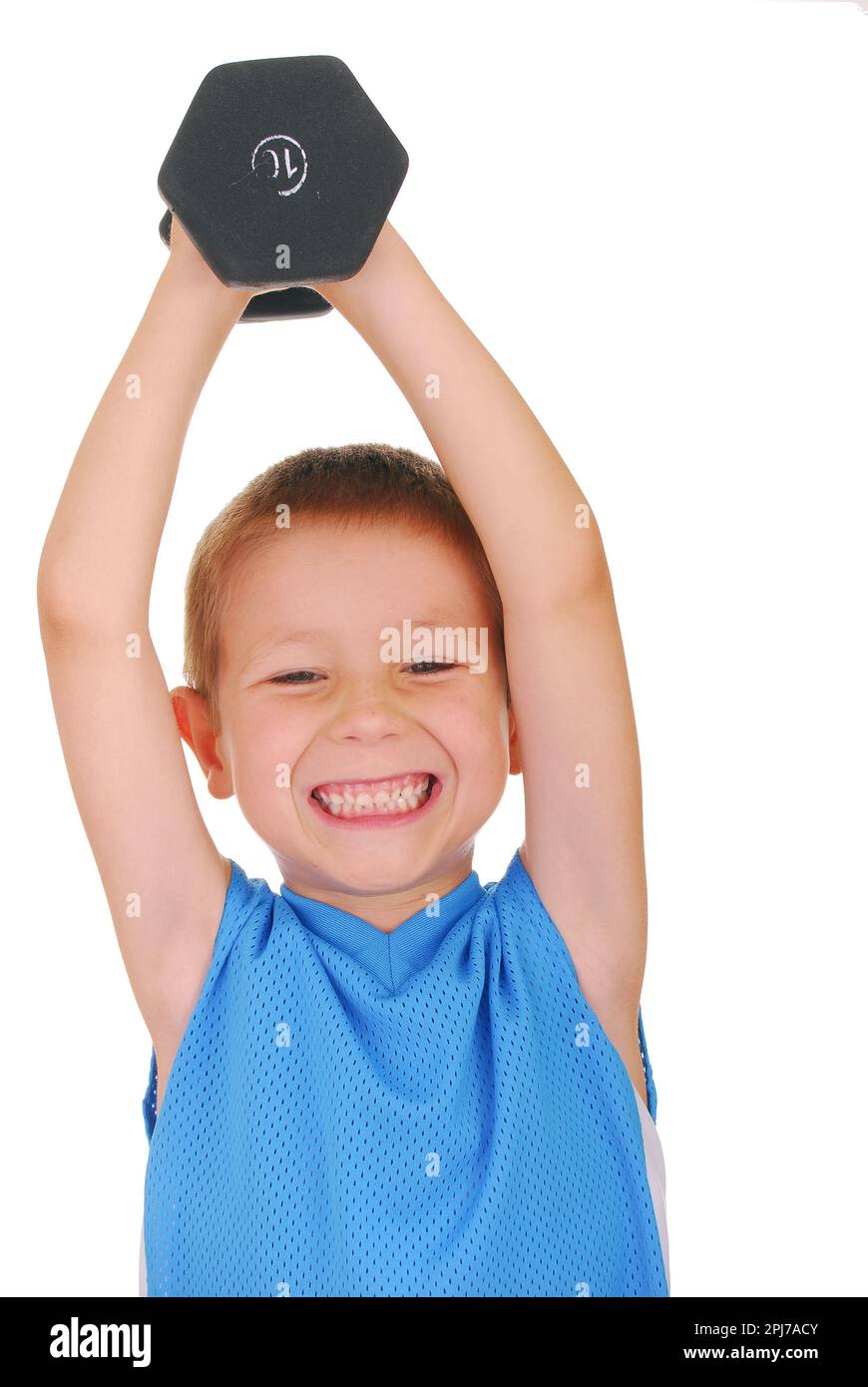 Young Boy Lifting Weights isolated over white Stock Photo - Alamy