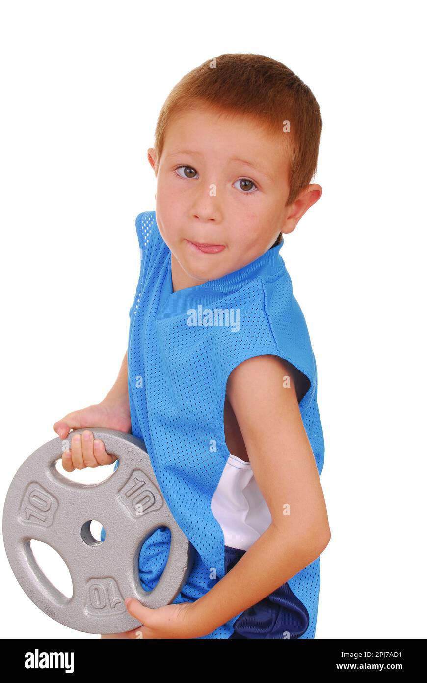 Young Boy Lifting Weights isolated over white Stock Photo - Alamy