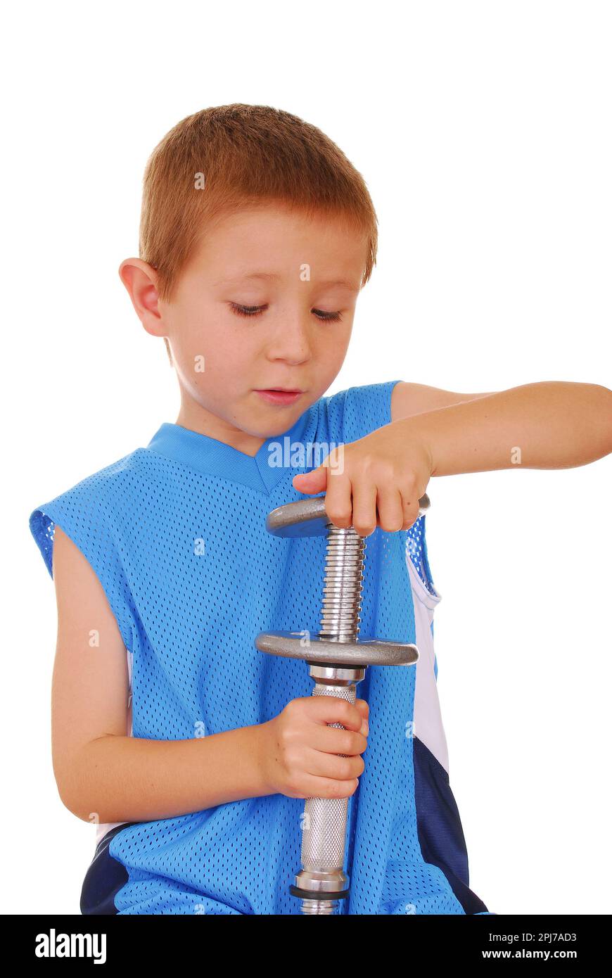 Young Boy Lifting Weights isolated over white Stock Photo - Alamy