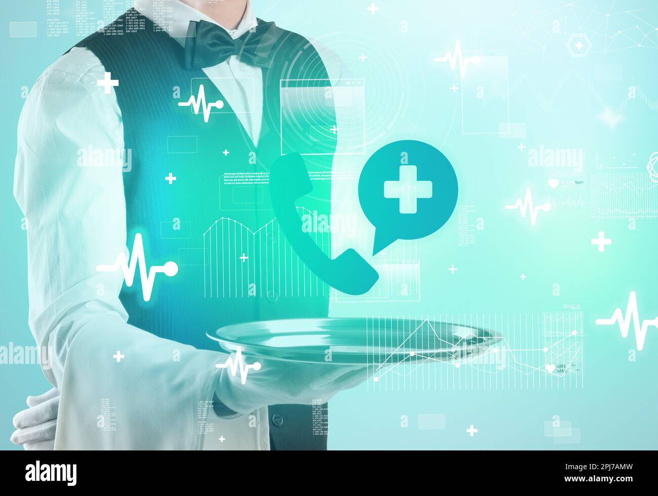Handsome young waiter in tuxedo holding healthcare icons on tray Stock ...