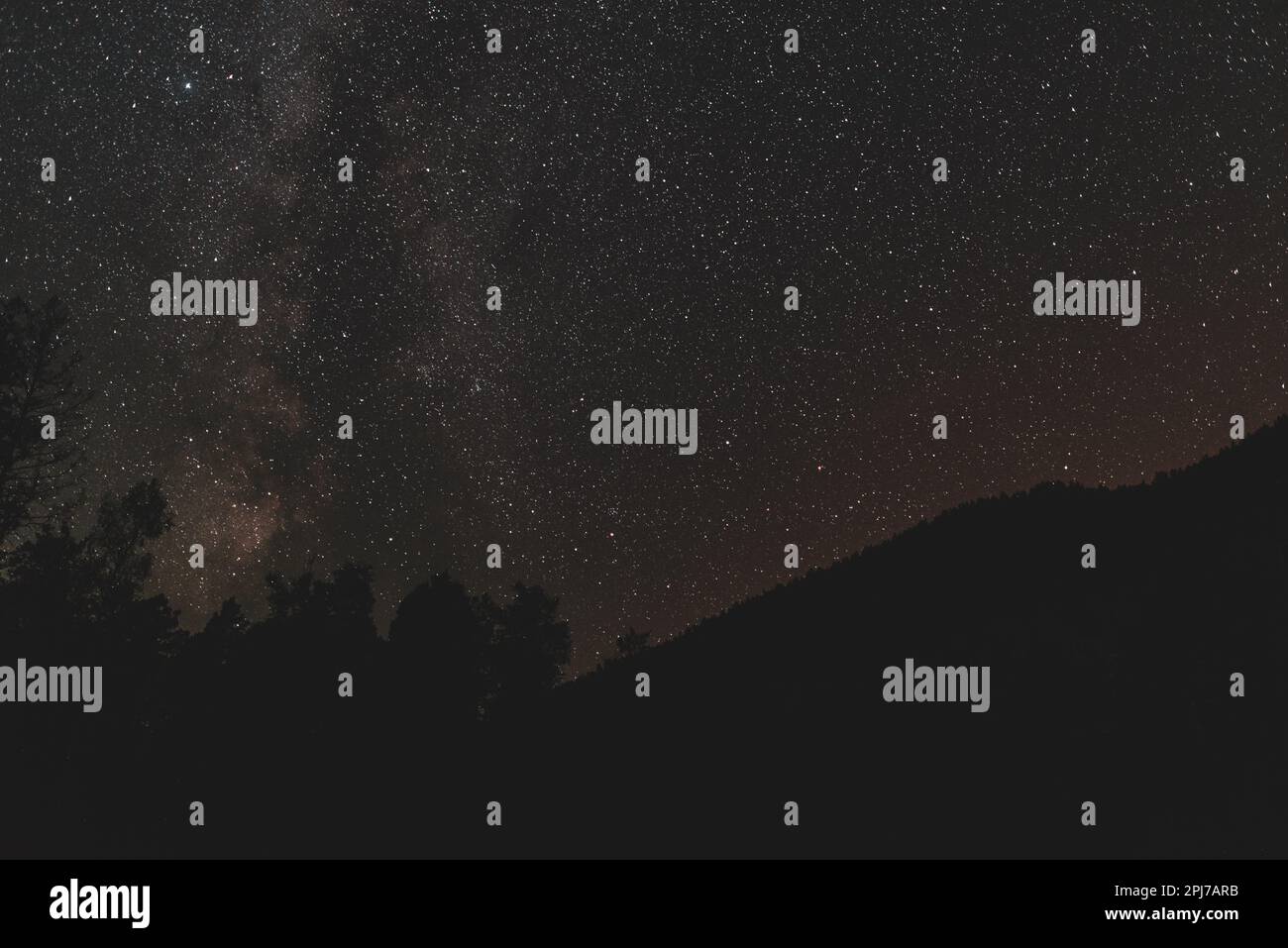Milky way over starry sky over trees with light and mountain in ...