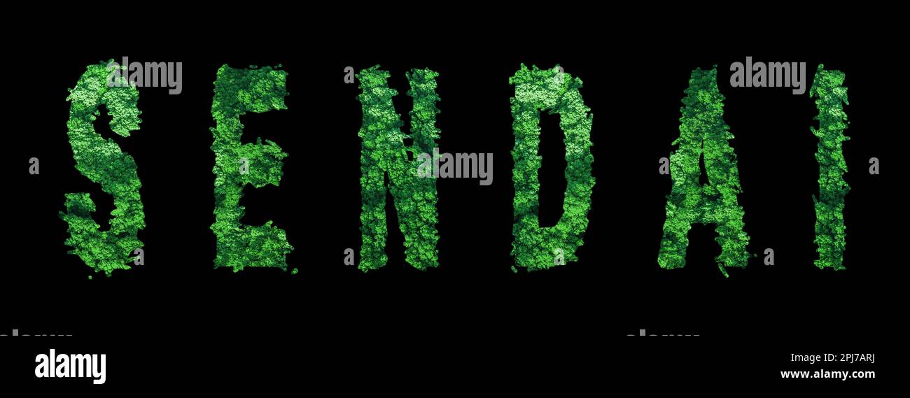 Sendai lettering, Sendai Forest Ecology Concept on Black, Clipping Path ...