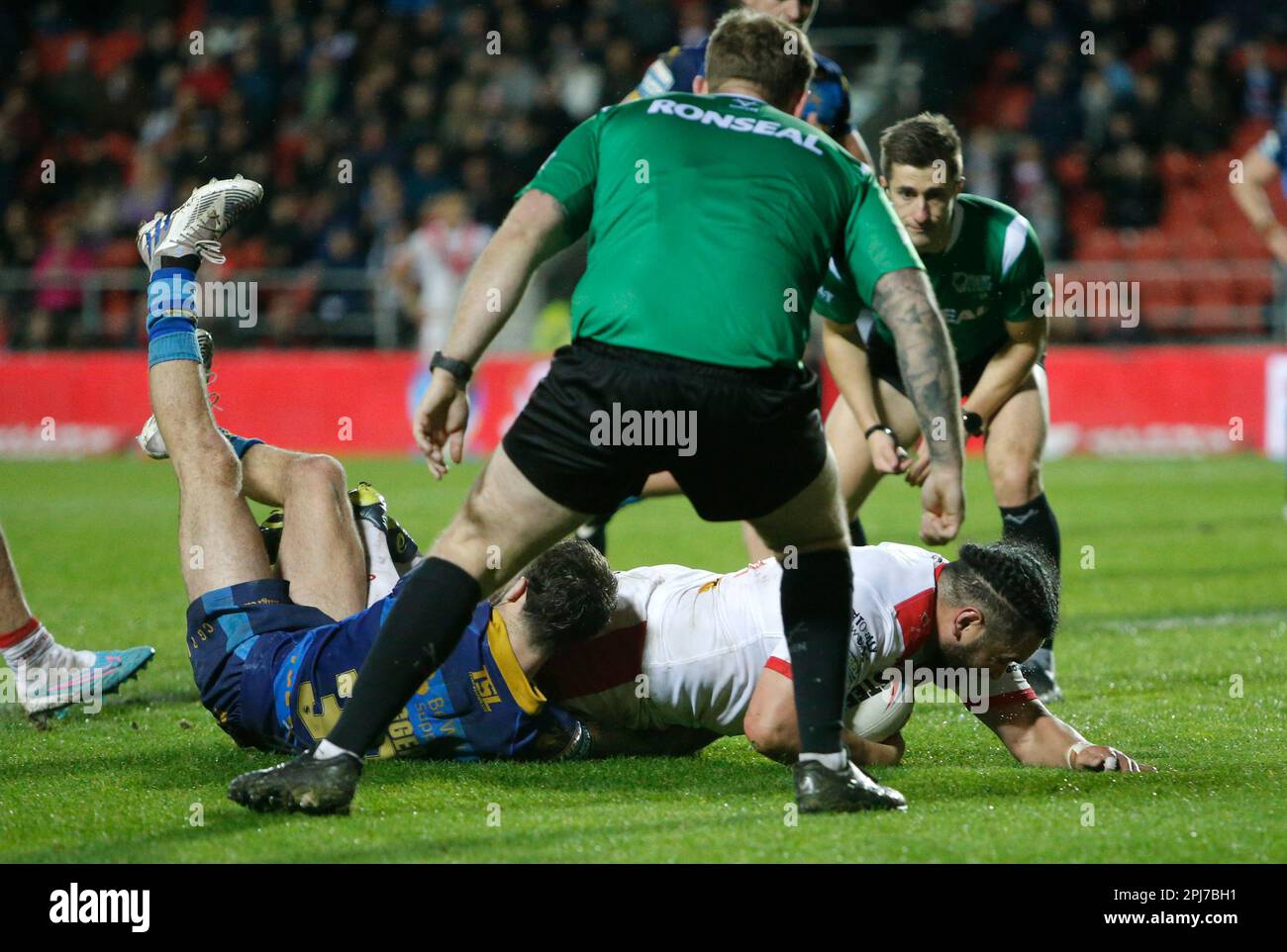 St Helens’ Konrad Hurrell scores a try during the Betfred Super League ...