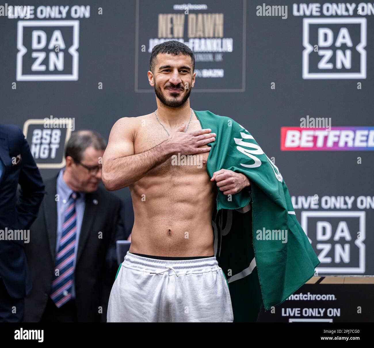 London, UK. 31st Mar, 2023. Ziyad Almaayouf (centre left) Eddie Hearn ...