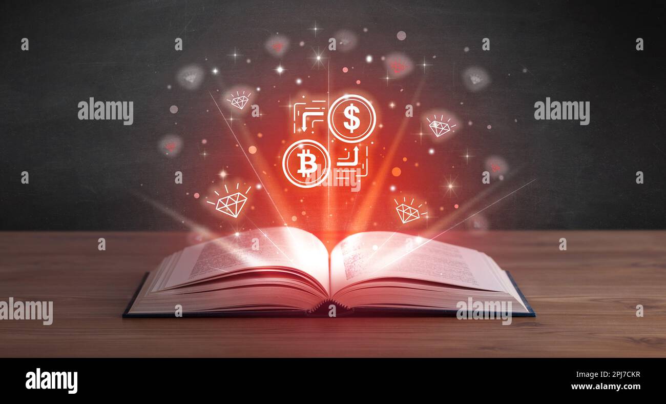 Open book with currency icons above Stock Photo - Alamy