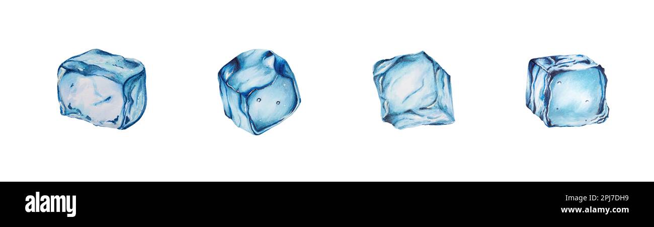 Watercolor ice cubes. Hand painting clipart pieces of ice on a white ...