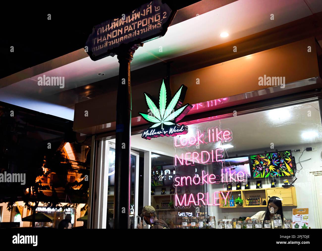 A detail view of the Mellow's Weed marijuana outlet. Bangkok’s infamous red-light entertainment ...