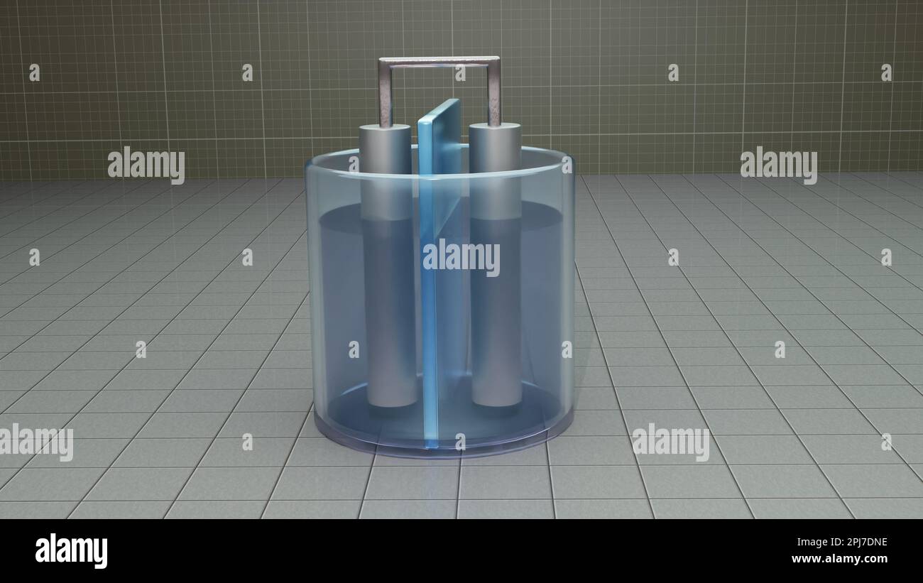 Electrochemistry. Chemistry beaker filled with clear liquid, glass ...