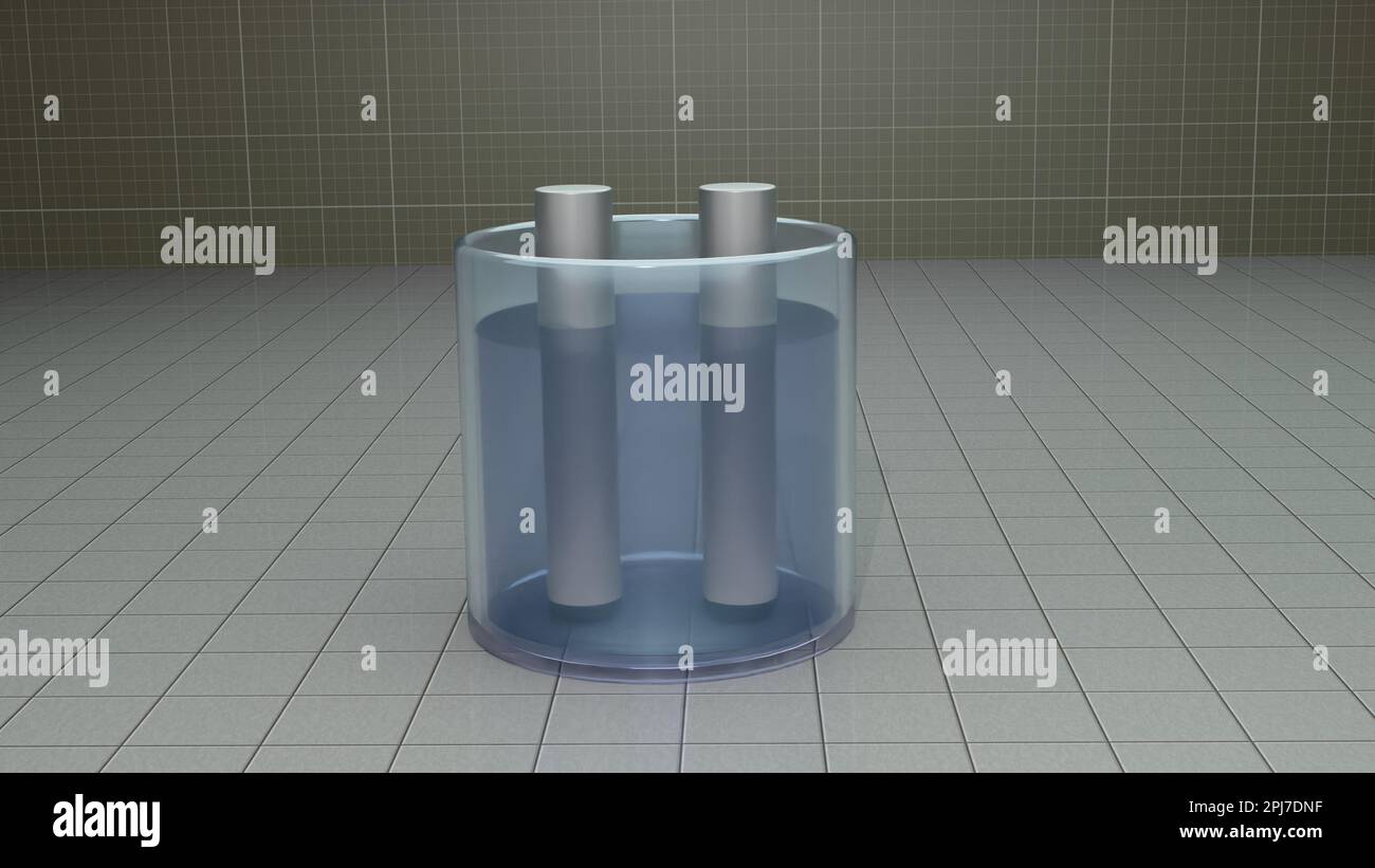 Electrochemistry. Chemistry beaker filled with clear liquid and ...