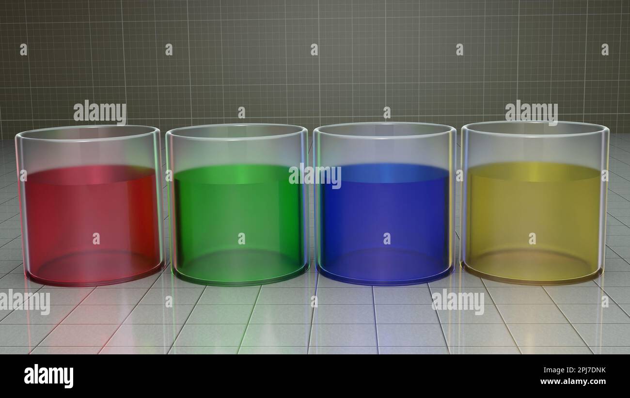 Chemistry beakers filled with colorful liquids. Red, green, blue ...